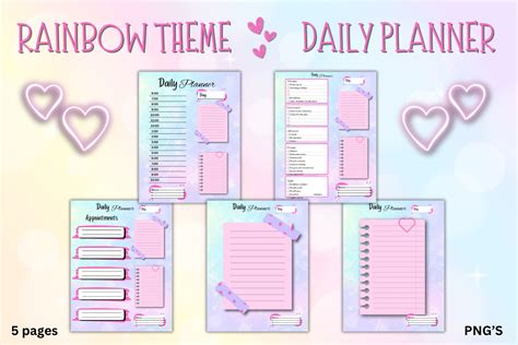 Rainbow Theme Daily Planner 5 Page Pack Graphic By Pixels N Bows