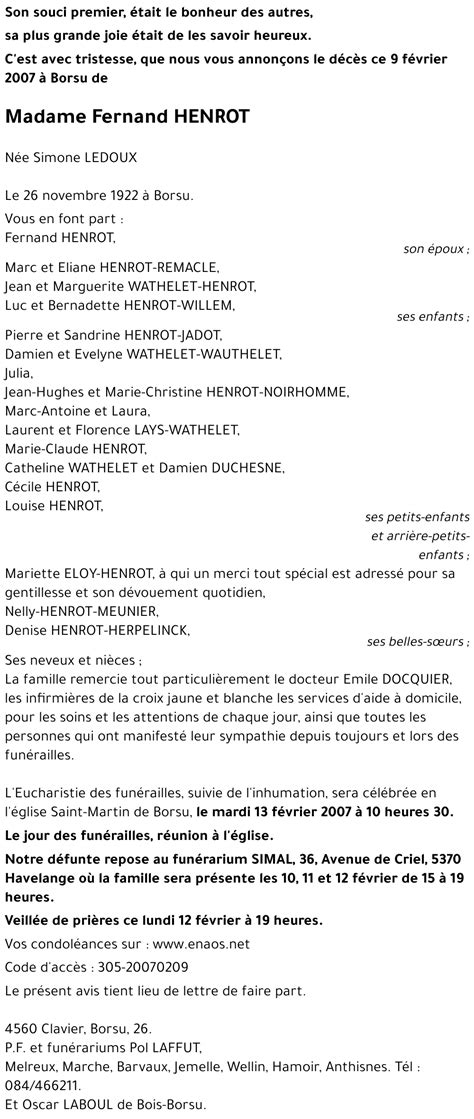 Avis De Décès De Simone Ledoux Décédé Le 09 02 2007 à Annonce Condoléances Fleurs Etc L