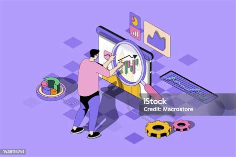 3d 아이소메트릭 디자인의 Seo 최적화 웹 개념 Man은 마케팅 도구를 사용하여 인터넷 사이트 및 검색 엔진 최적화를