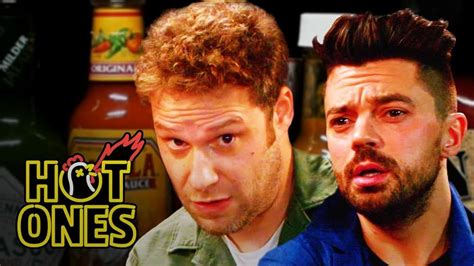 Hot Ones Seth Rogen And Dominic Cooper Suffer While Eating Spicy
