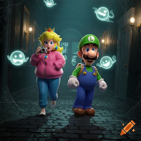 Luigi And Princess Peach In A Haunted Mansion With Glowing Ghosts