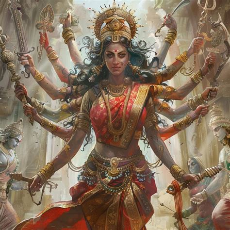 The Hindu Goddess Durga Using Her Different Weapons Against Evil