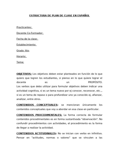 Estructura De Plan De Clase En Español Pdf Evaluación Enseñando