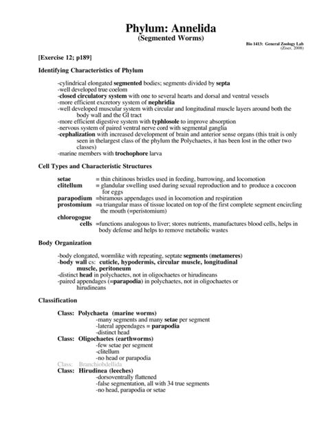 Annelida Lab Worm Anatomy And Classification Exercise