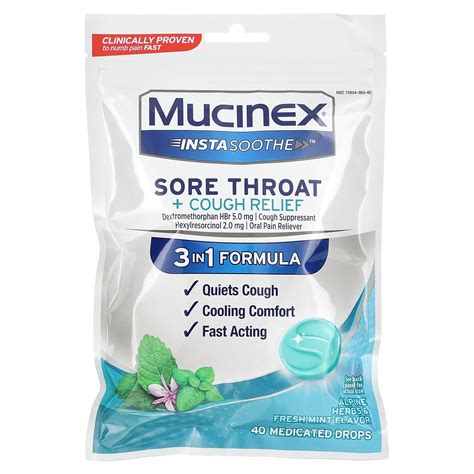 Mucinex Instasoothe Sore Throat Cough Relief Alpine Herbs And Fresh Mint 40 Medicated Drops