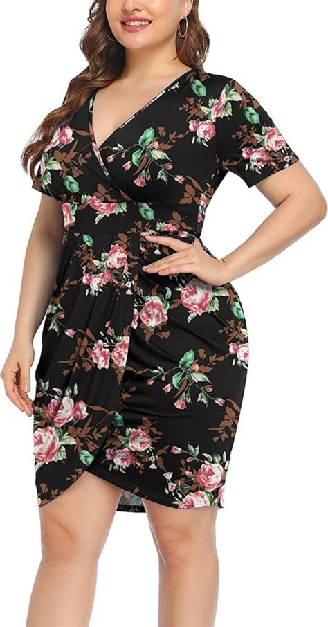 Womens Plus Size Short Sleeve Deep V Neck Bodycon Wrap Dress Wf Shopping