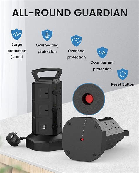 Power Extension Verticaltower Socket Surge Protector2m Cord Extension