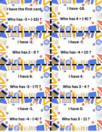 I Have Who Has Integer Addition And Subtraction Card Game Tpt