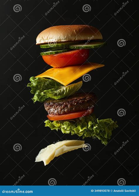Ingredients For A Burger Float Mid Air Showcasing Layers Of Lettuce