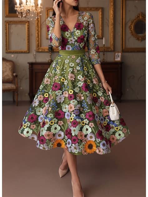 A Line Tea Length Cocktail Dresses Elegant Vintage Floral Half Sleeve V