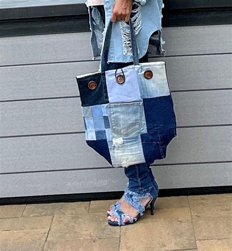 Upcycled Oversized Denim Patchwork Handbag With Wood Buttons Etsy