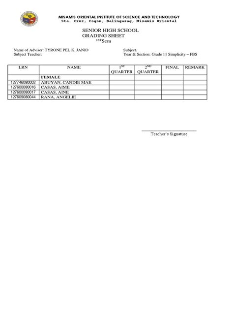 Senior High School Grading Sheet 1st Sem Pdf