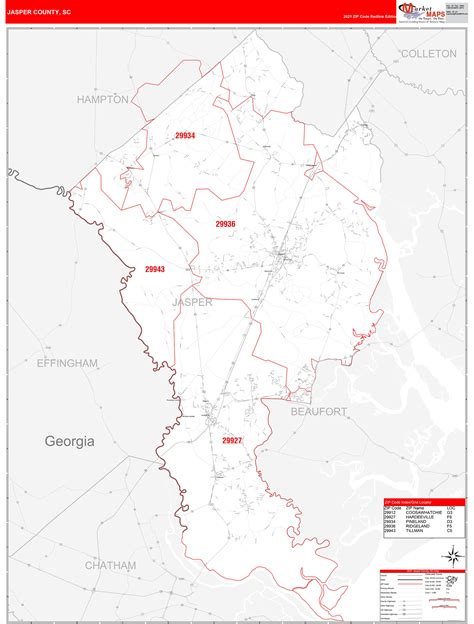 Jasper County Sc Zip Code Wall Map Red Line Style By Marketmaps Mapsales