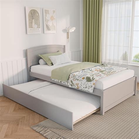 Xilingol Trundle Bed Twin Solid Wood Beds Frames With Headboard And Wooden Slats Support Twin