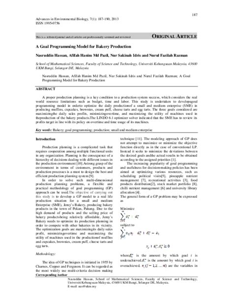 Pdf A Goal Programming Model For Bakery Production