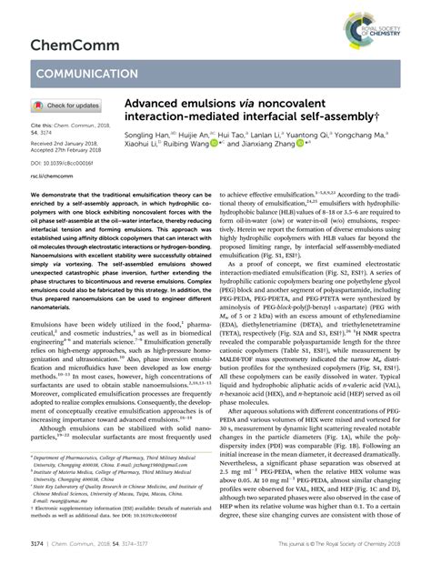 Pdf Advanced Emulsions Via Noncovalent Interaction Mediated