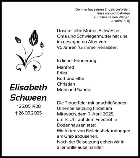 Traueranzeigen Von Elisabeth Schween Trauerhnade