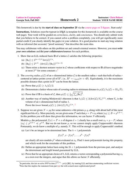 Seminar Assignments Homework 1 3 Lattices In Cryptography Georgia Tech Fall 2013 Homework