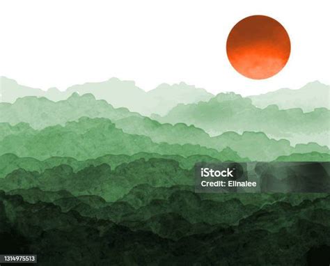 녹색 안개 낀 숲 산과 큰 붉은 태양동양 풍경 전통적인 동양 잉크 페인팅 스미e U죄 고화 풍경에 대한 스톡 벡터 아트 및 기타