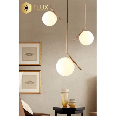 Angular Gold Brass Plated Rod Milky White Glass Ball Pendant Light
