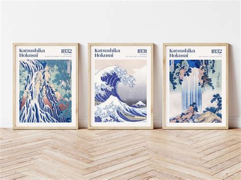 Hokusai Japanese Print Set Of 3 The Great Wave Blue Wall Art