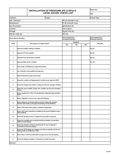 Installation Of Pressure Pg And Dpg And Level Gauge Check List Pdf