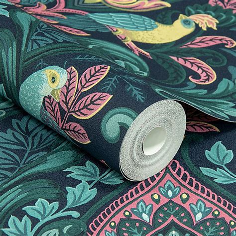 Grandeco Statement Peacock Damask Navy Embossed Wallpaper