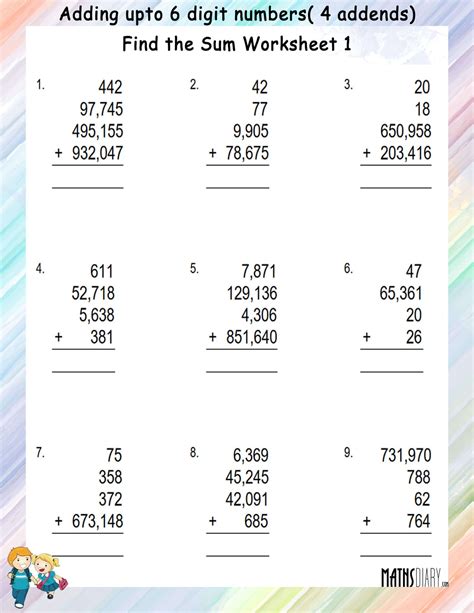 Sum Of 4 Addends Of Large Numbers Math Worksheets