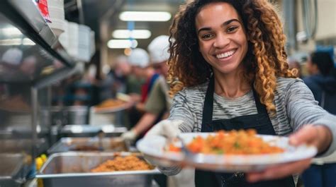 Volunteer In Action Providing Warm Meals To Appreciative People In Line