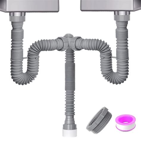 Oblectatio Double Sink Drain Pipe Kit Expandable Flexible P Trap For