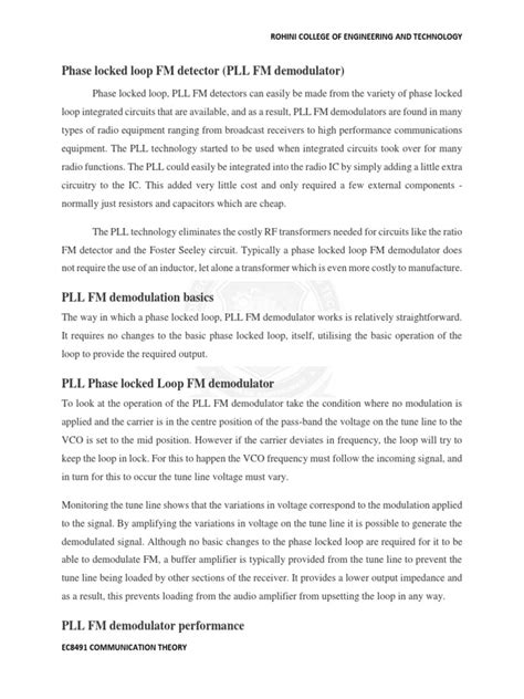Phase Locked Loop Fm Detector Pll Fm Demodulator Rohini College Of