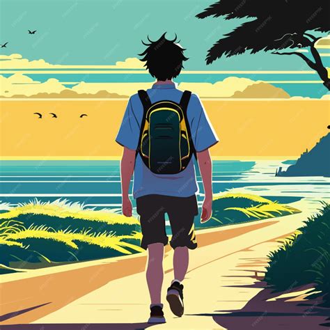 Premium Vector Back View Of A Lanky Sad Asia High School Boy On