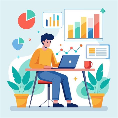 Premium Vector Man Sitting At Desk With Laptop Business Statistical