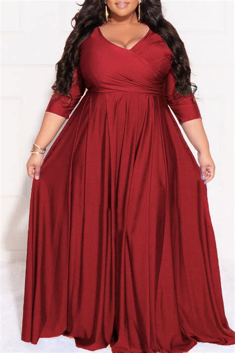 Wholesale Black Casual Solid Patchwork Fold V Neck A Line Plus Size