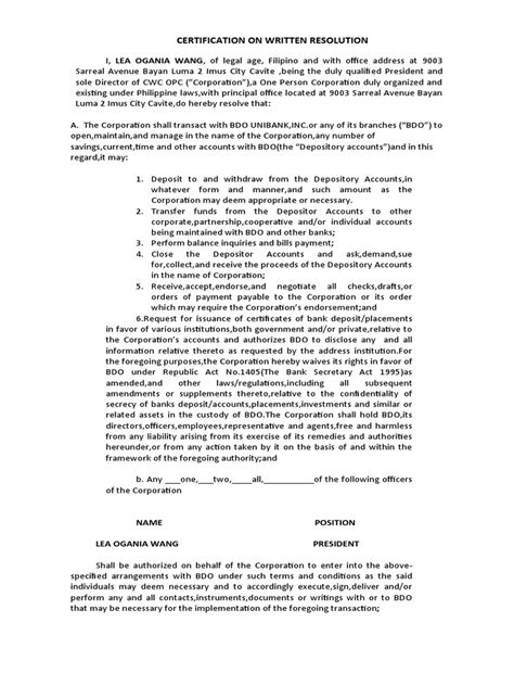 Certification On Written Resolution Pdf Deposit Account Financial