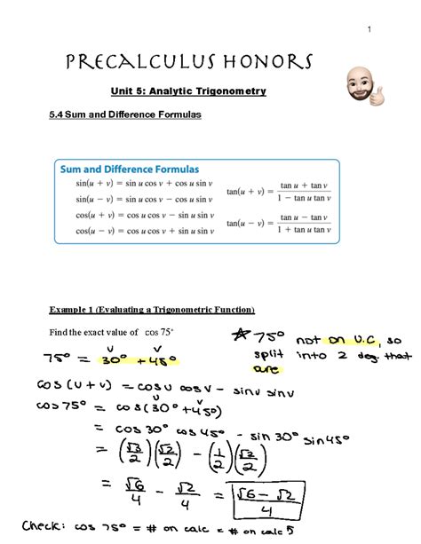 54 Sum And Difference Formulas Precalculus Honors Unit 5 Analytic