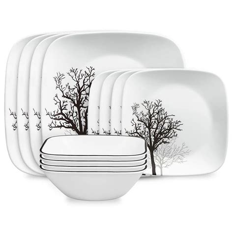 Corelle Timber Shadows 12 Piece Square Dinnerware Set In White Black