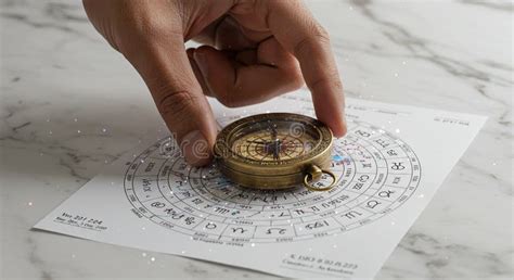 Hand Placing A Vintage Compass On A Zodiac Chart On A White Marble