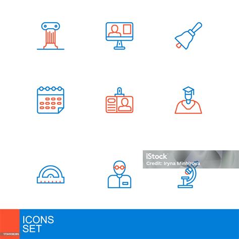 라인 현미경 교사 각도기 그리드 대학원 및 졸업 모자 학교 시간표 식별 배지 울리는 종 및 온라인 수업 아이콘을 설정합니다 벡터