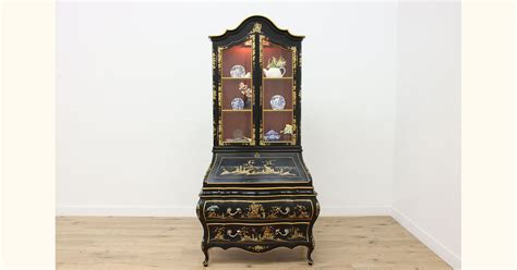 Chinoiserie Vintage Bombe Lacquer Secretary Desk And Bookcase