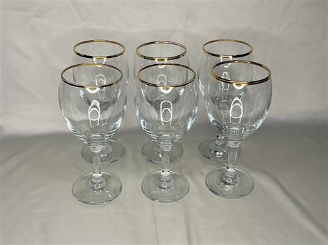 Set Of 6 Long Stemmed Gold Rim Wine Glasses Crystal Barware Etsy