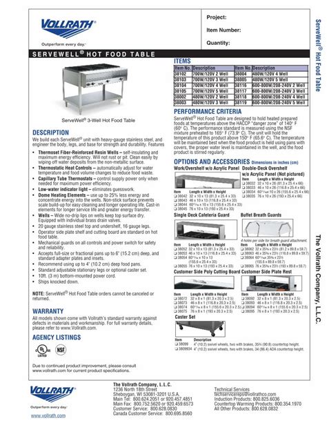 Pdf Servewell® Hot Food Table Specification Sheet · Servewell® Hot