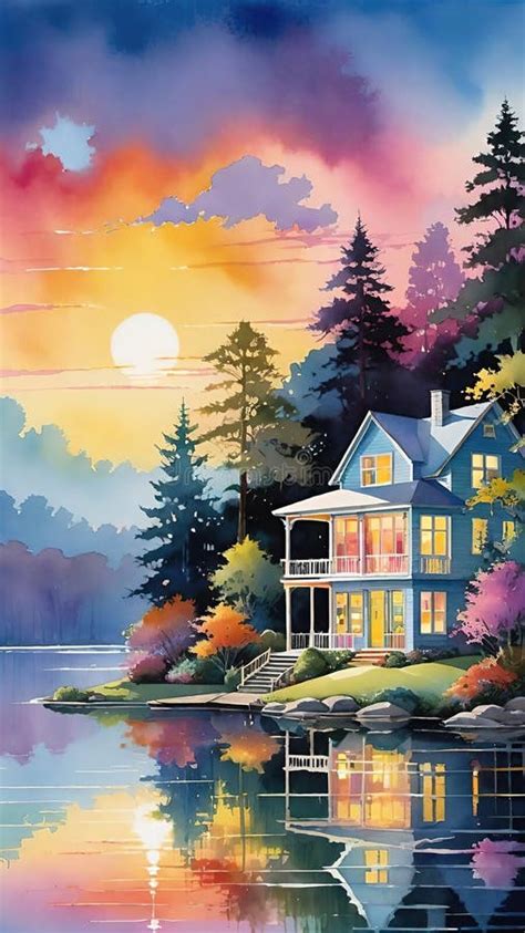Casa En El Lago Se Sienta A Orillas De Un Lago Stock De Ilustración