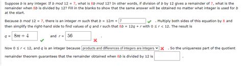 solved suppose b is any integer if bmod12 7 what is