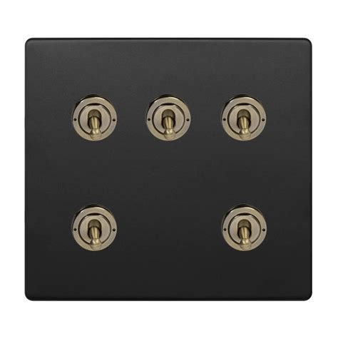 Matt Black And Antique Brass 5 Gang Toggle Switch Soho Elesi