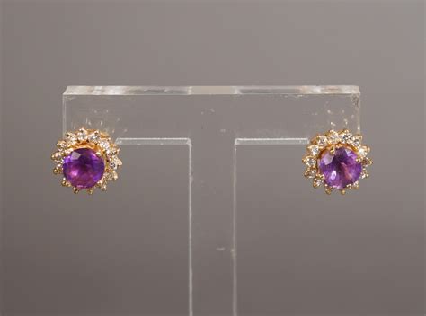 Lot Pair Of 14 Karat Yellow Gold And Amethyst Pierced Earrings With