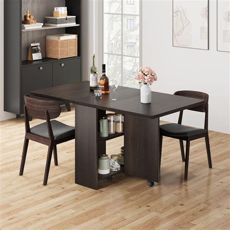 Yuan Home Folding Dining Table Drop Leaf Dining Table With 6 Wheels