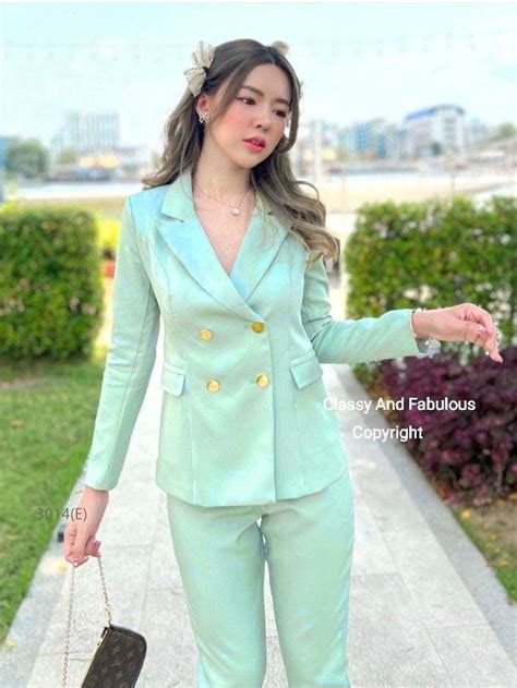 Bs3014 เซตเสื้อสูทขายาว เสื้อสูทแขนยาว คอปกหยัก อกป้ายติดกระดุมทอง