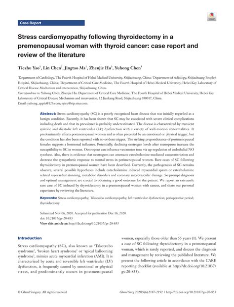 Pdf Stress Cardiomyopathy Following Thyroidectomy In A Premenopausal