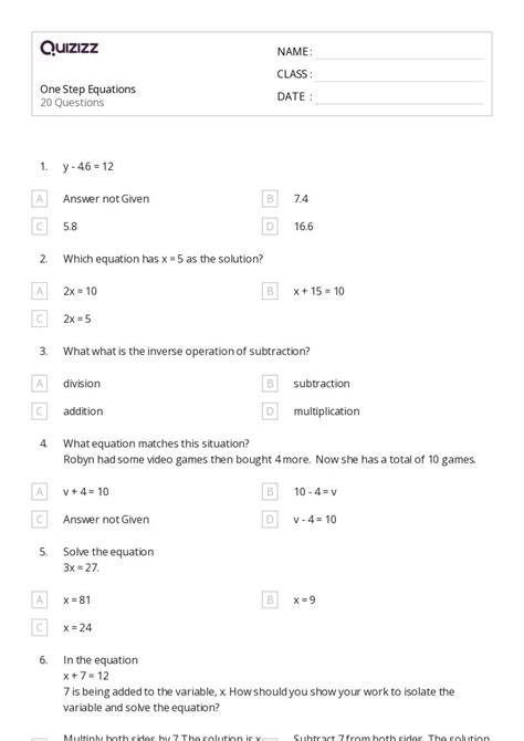 50 One Step Equations Worksheets On Quizizz Free And Printable